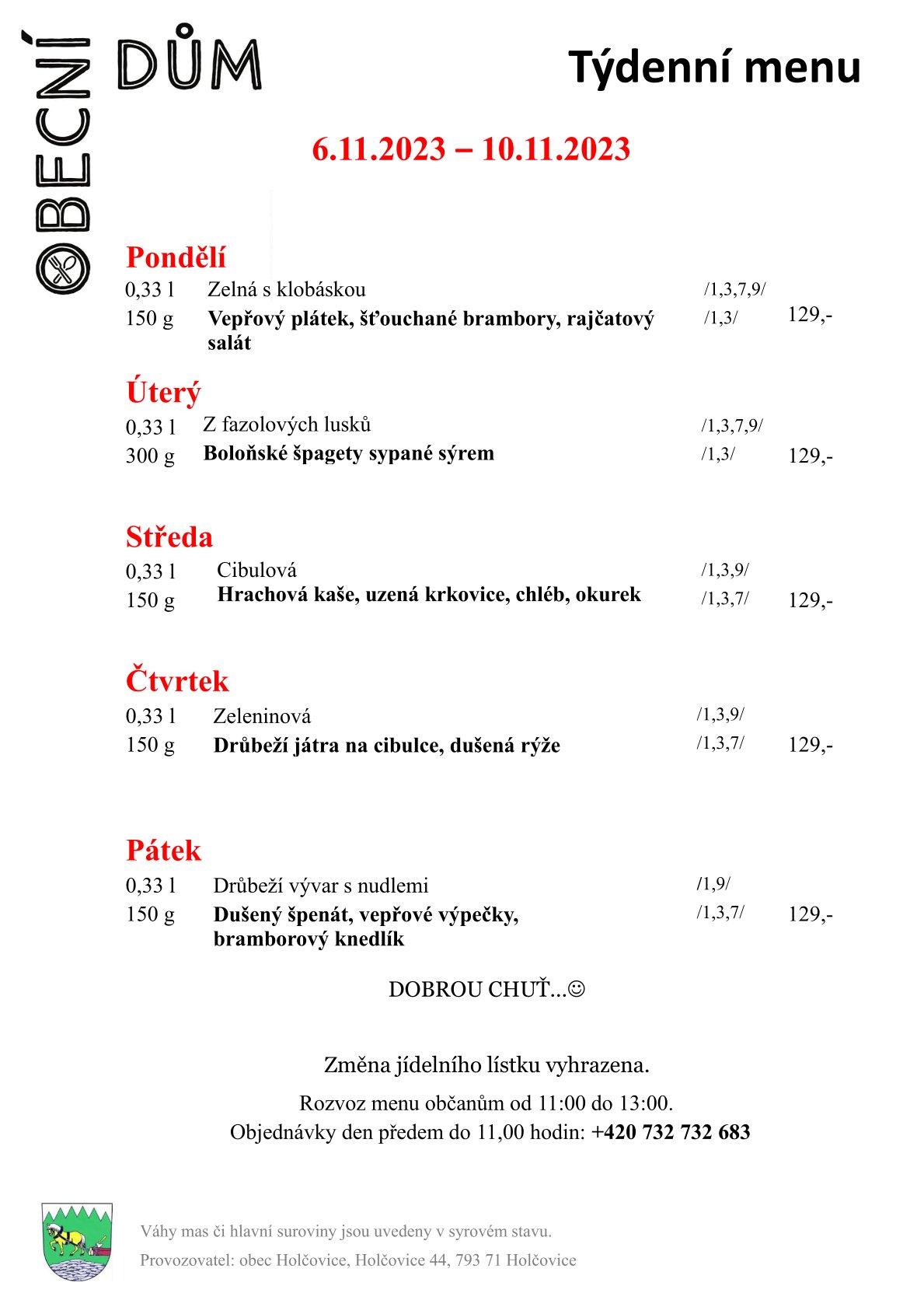 Týdenní menu :: Obecní dům Holčovice - restaurace a pivnice